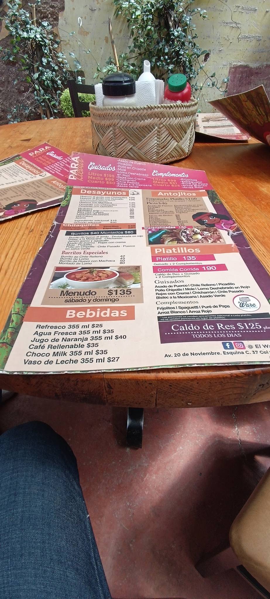Carta del restaurante El Ware, Chihuahua