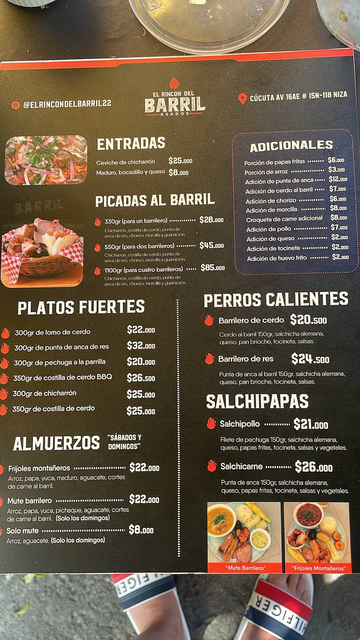 Menu at El rincón del Barril, Cúcuta
