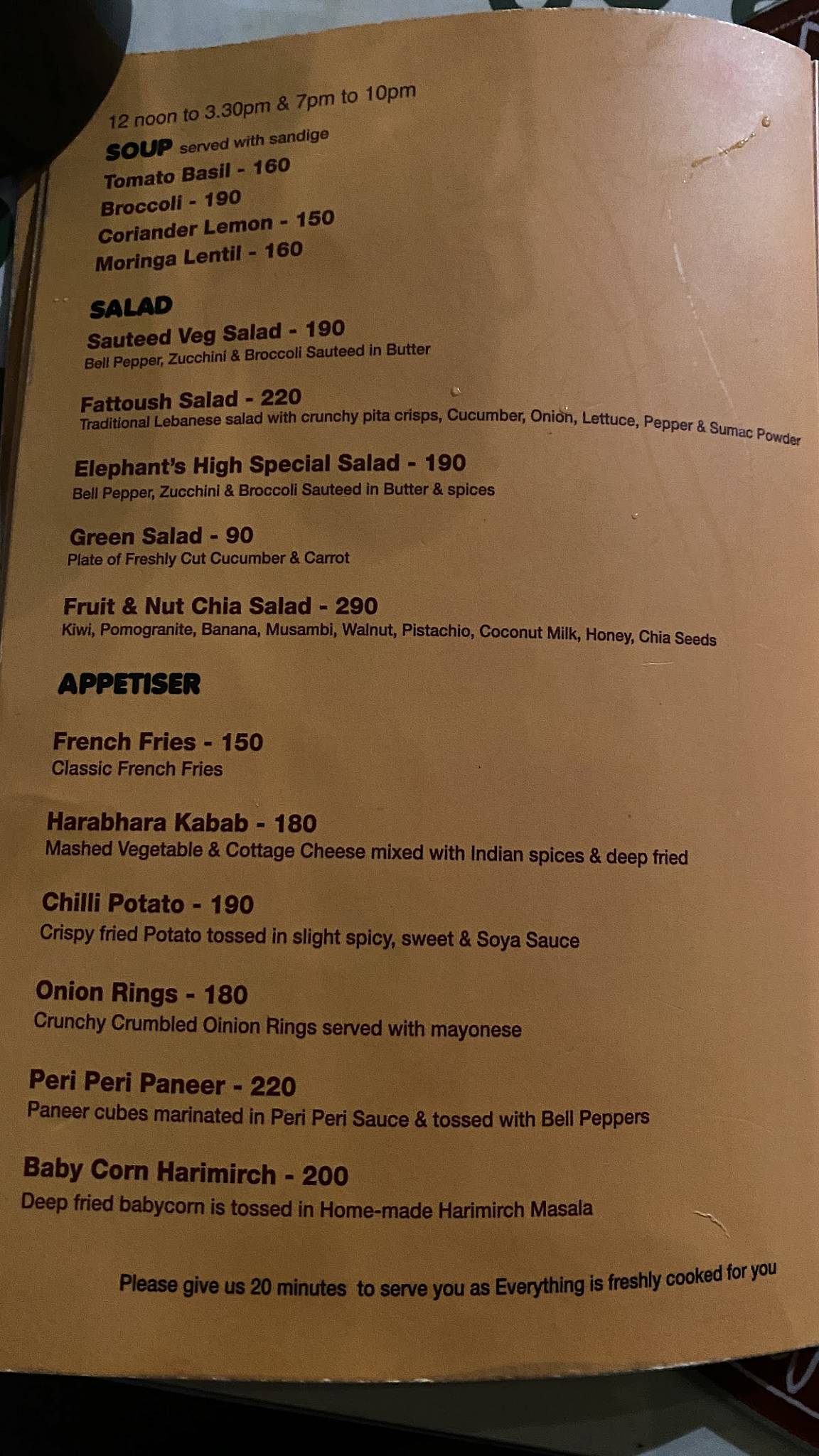Menu at Elephant's High cafe, Bengaluru