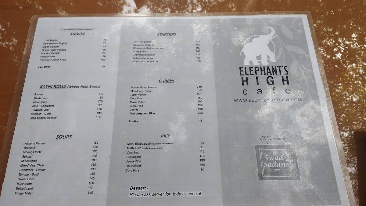 Menu at Elephant's High cafe, Bengaluru