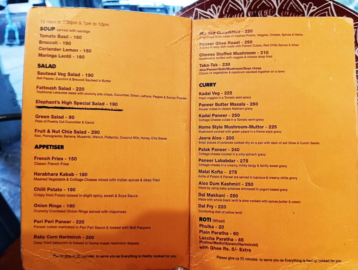 Menu at Elephant's High cafe, Bengaluru, Ragi to Raga