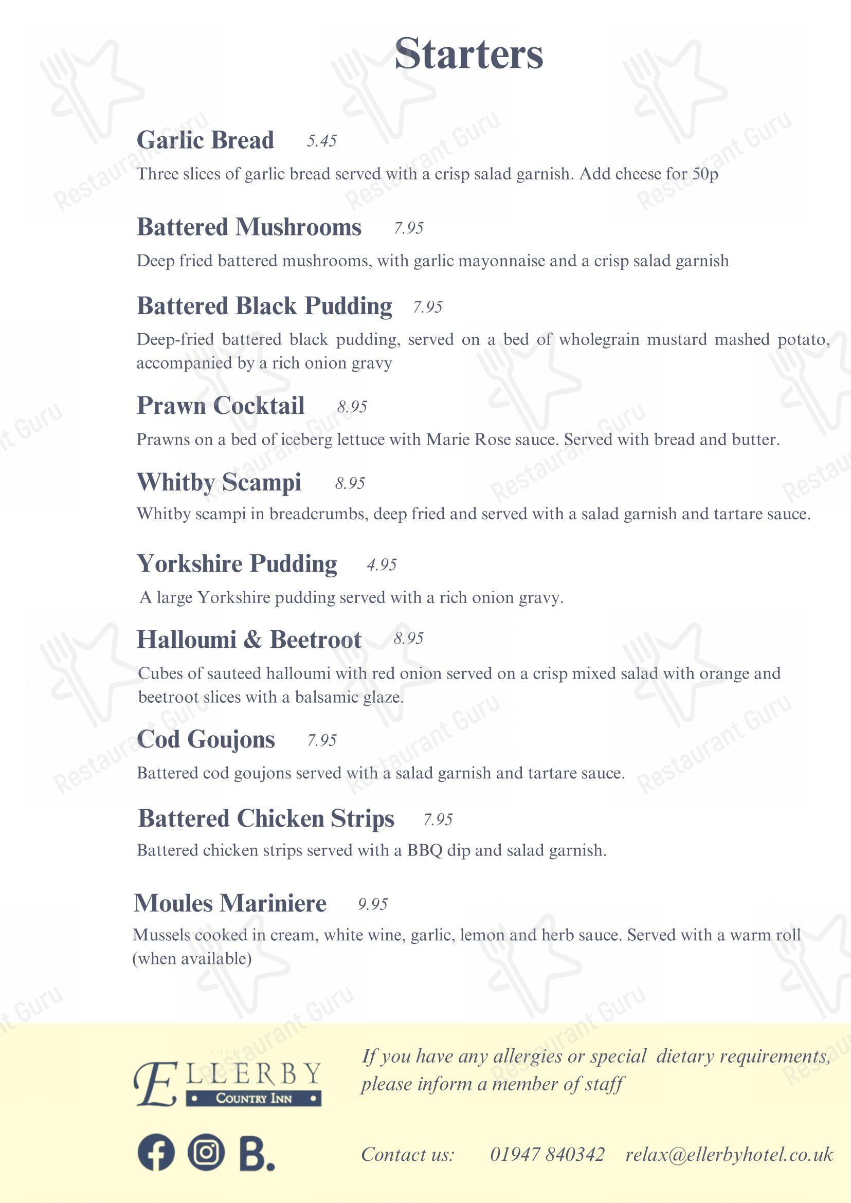 Menu at Ellerby Residential Country Inn pub & bar, England