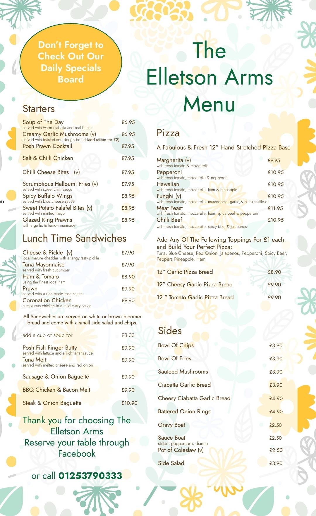 Menu at Elletson Arms pub & bar, Pilling