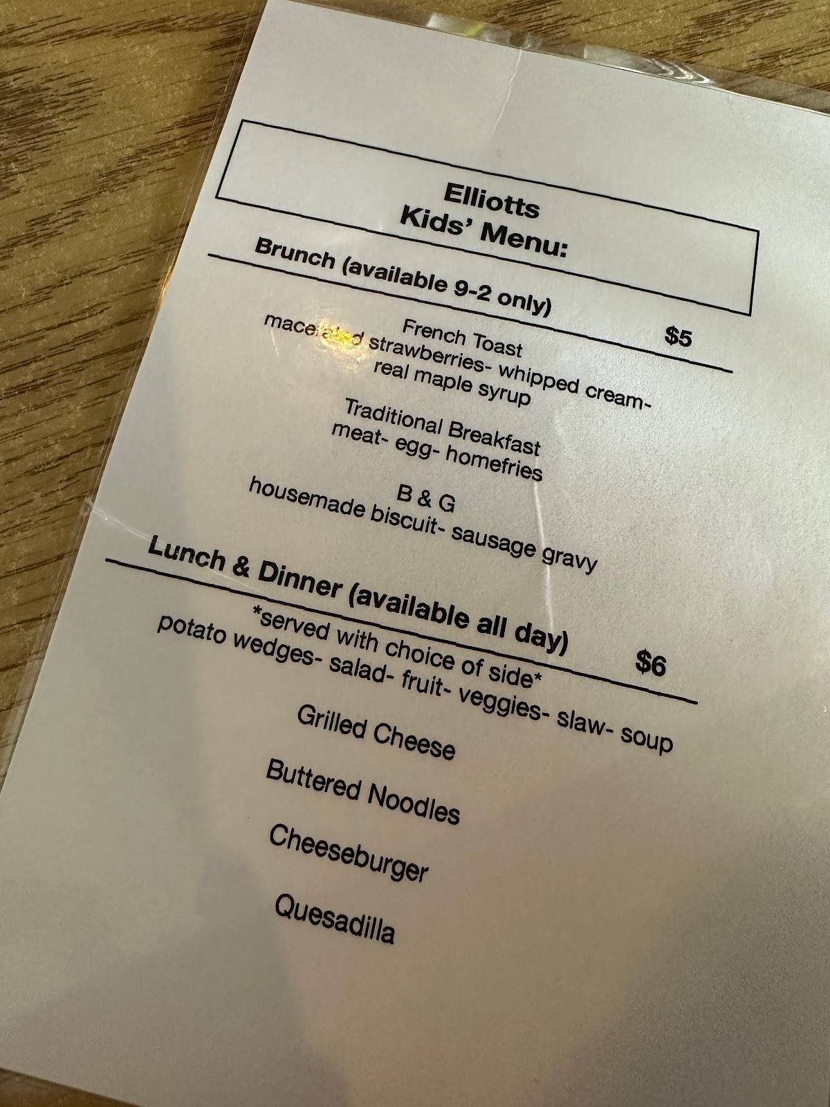 Menu at Elliotts an urban kitchen restaurant, Spokane