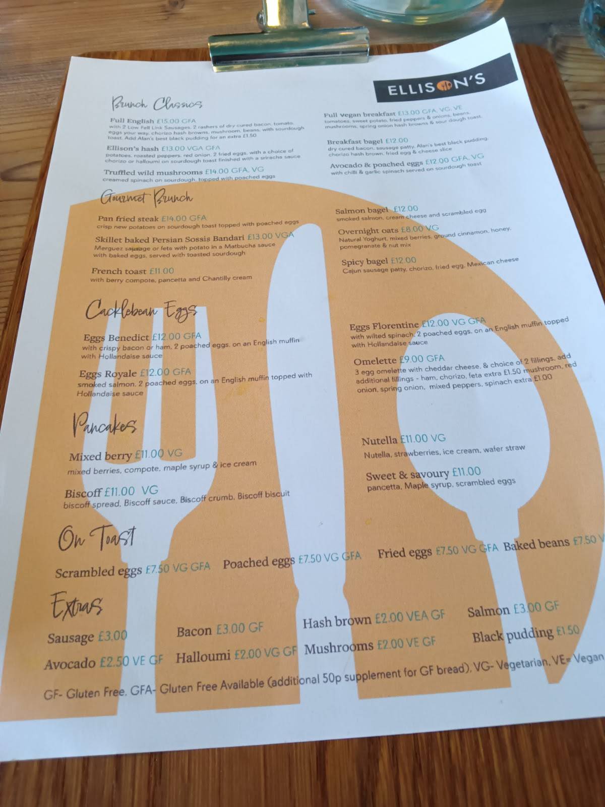 Menu at Ellison's of Low Fell cafe, Gateshead