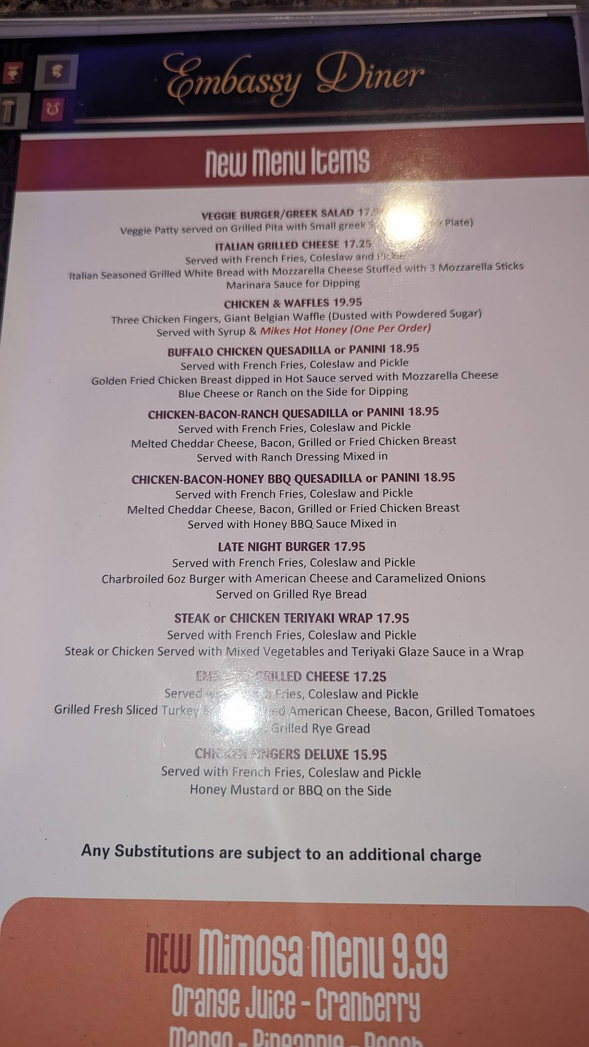 Menu at Embassy Diner restaurant, Bethpage