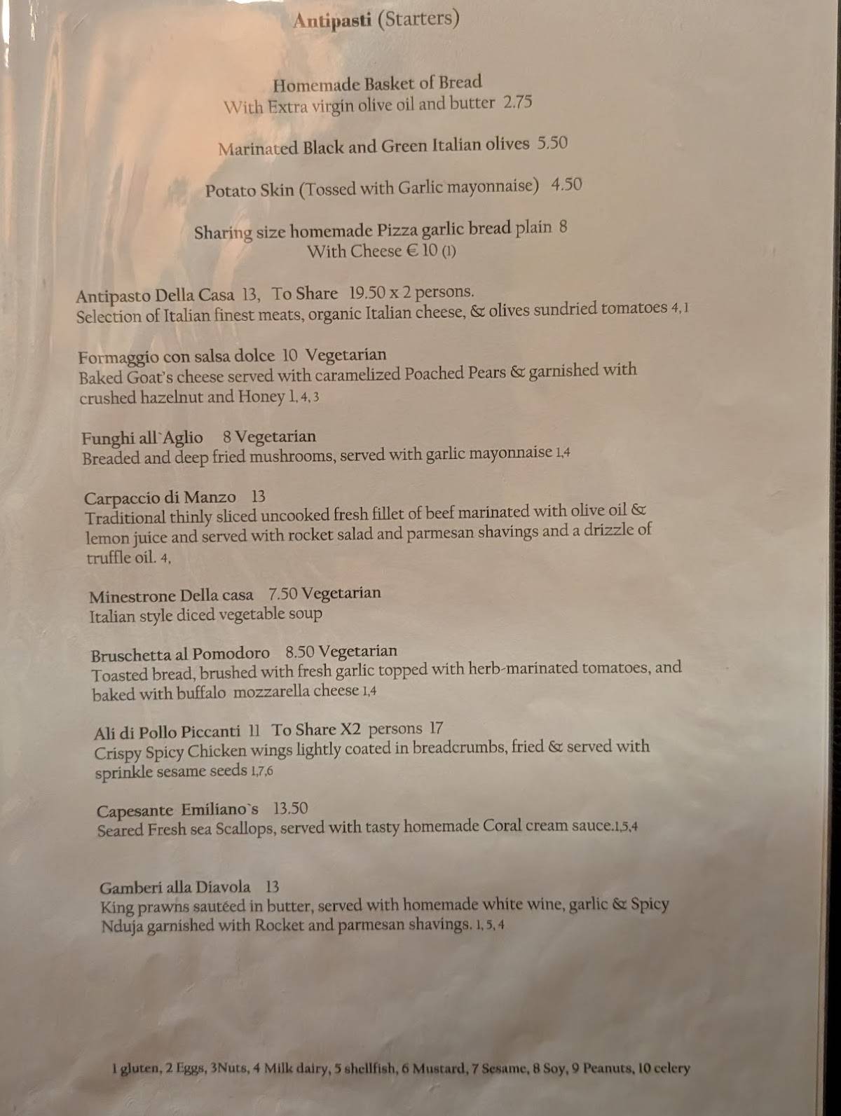 Menu at Emiliano's Restaurant, Waterford