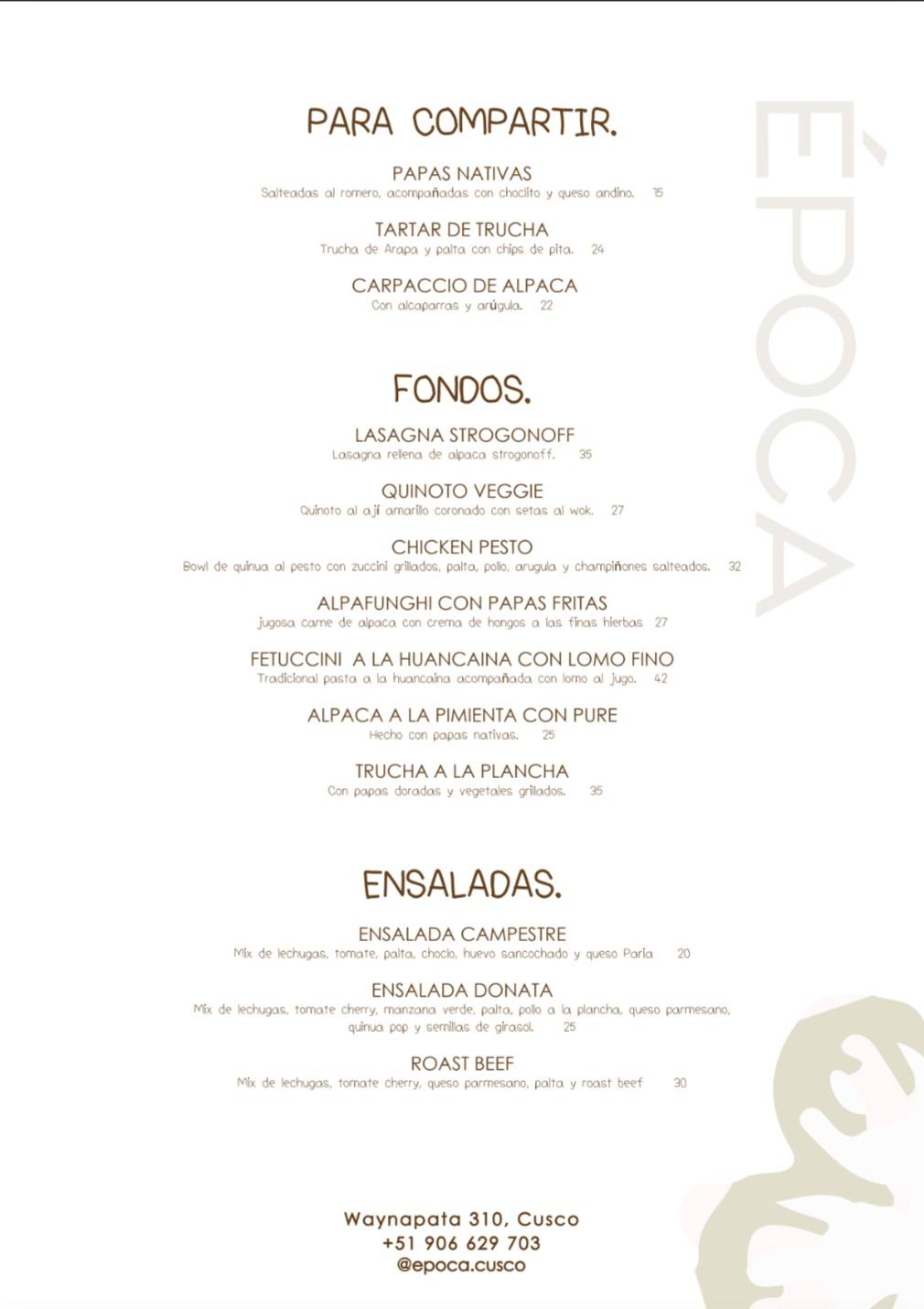 Carta de Época Cusco - Café Restaurante, Cusco