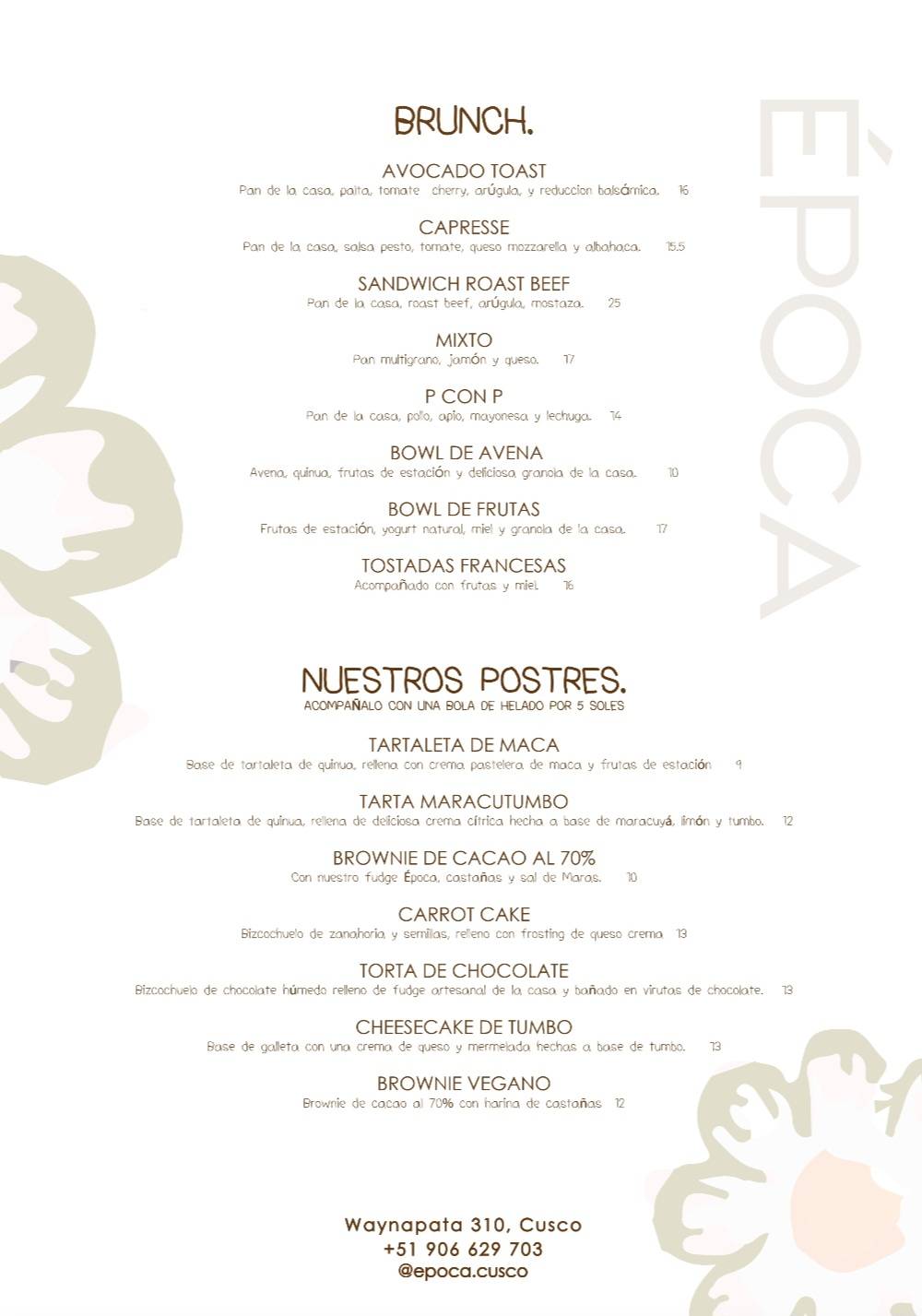 Menu at Época Cusco - Café Restaurante, Cusco