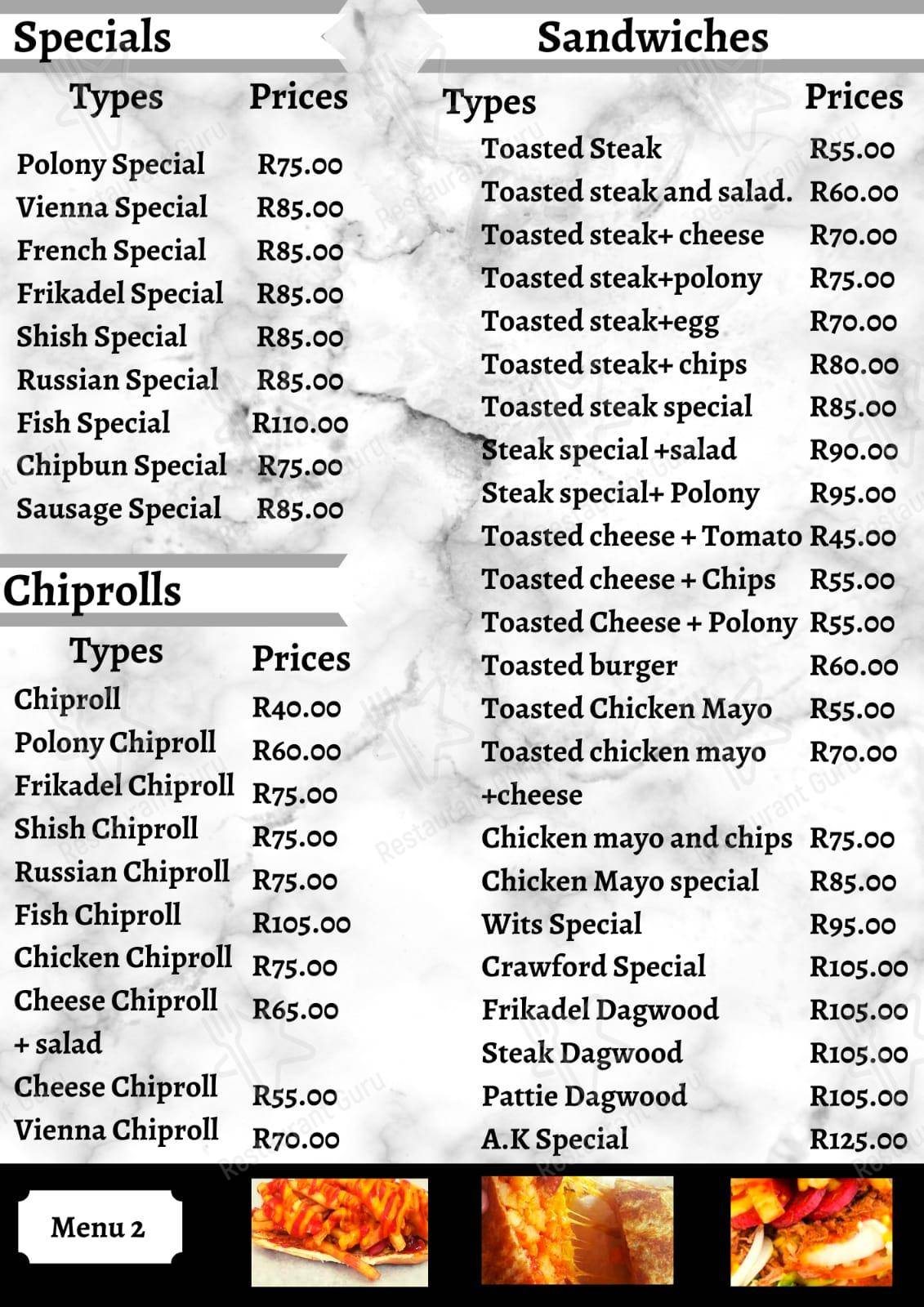 Menu at Erasmia Akhalwayas restaurant, Centurion