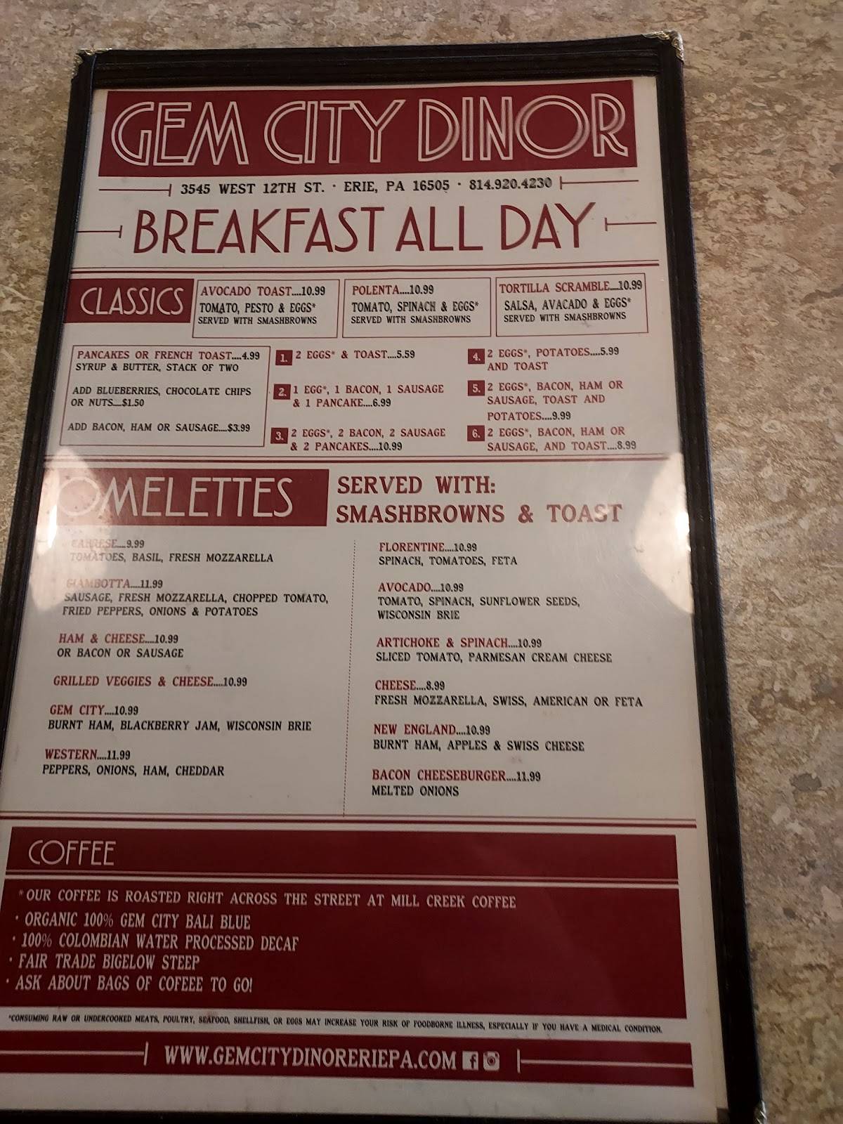 Menu at Gem City Dinor restaurant, Erie