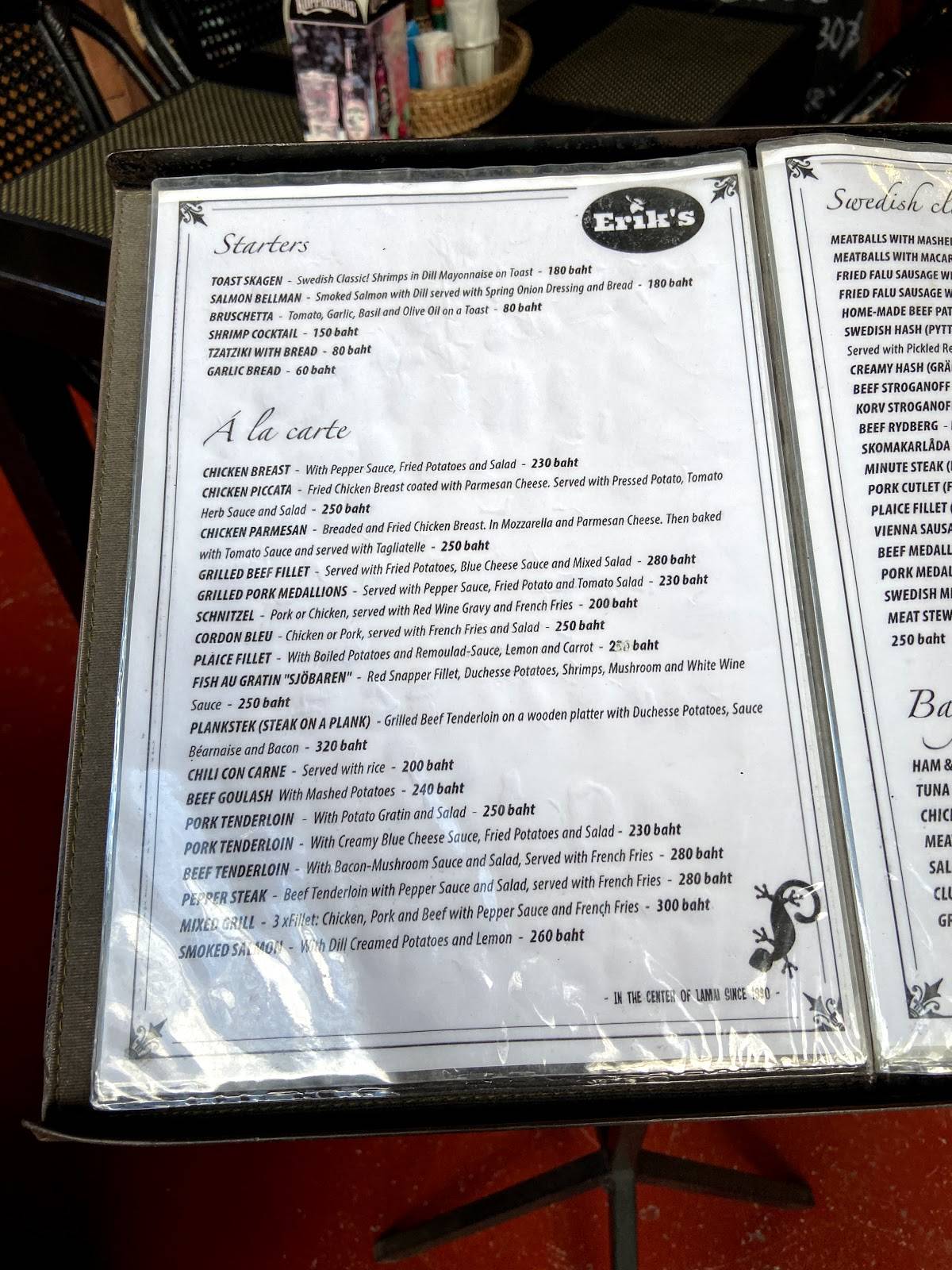 Menu at Erik's Swedish Restaurant, Ko Samui