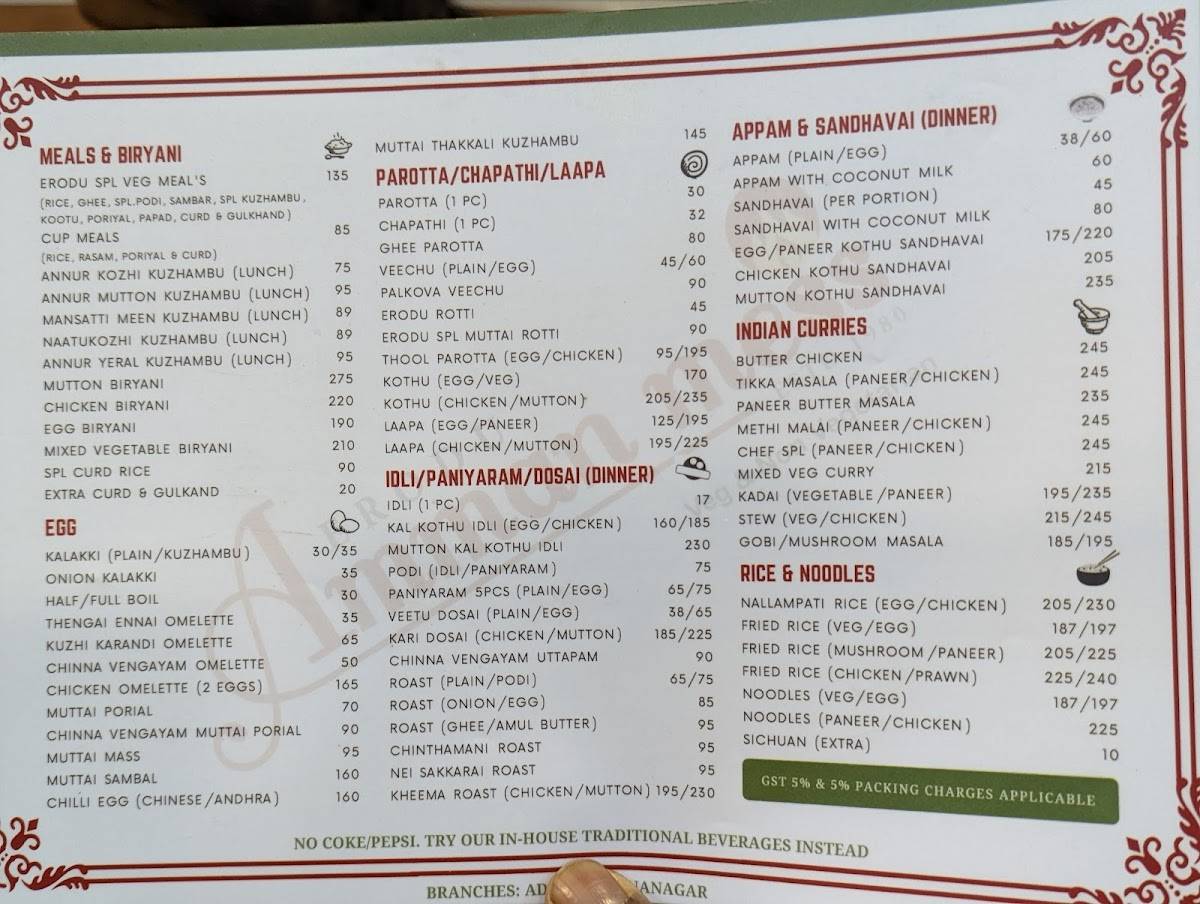 Menu at Erode Amman Mess (ஈரோடு அம்மன் மெஸ்), Chennai, Police Station