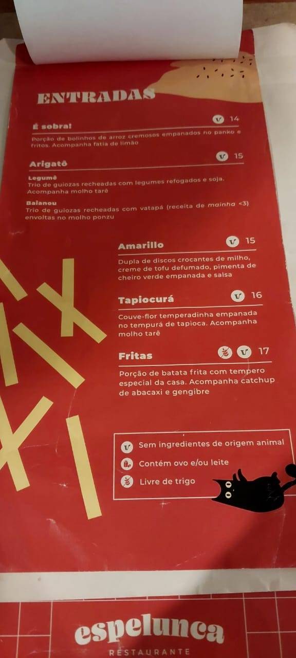 Menu at Espelunca restaurant, Aracaju