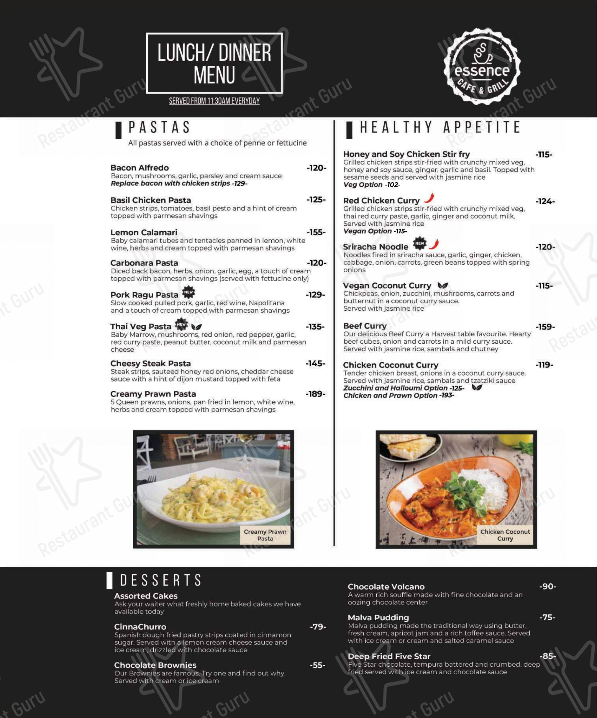 Menu at Essence. restaurant, Pietermaritzburg