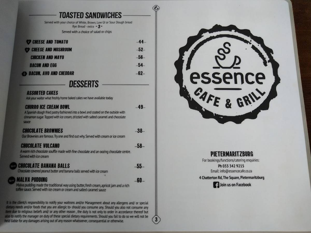 Menu at Essence. restaurant, Pietermaritzburg
