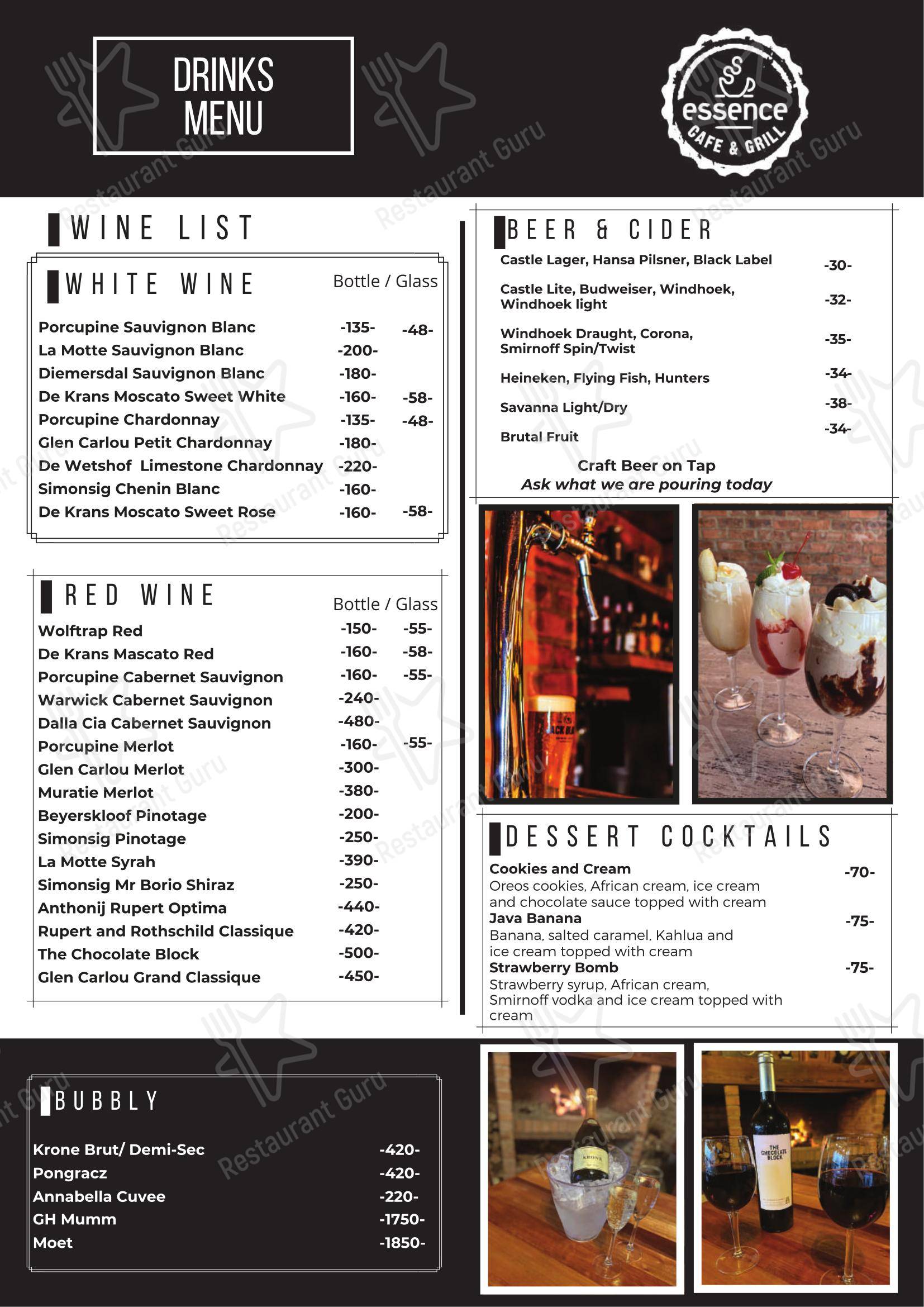 Menu at Essence. restaurant, Pietermaritzburg
