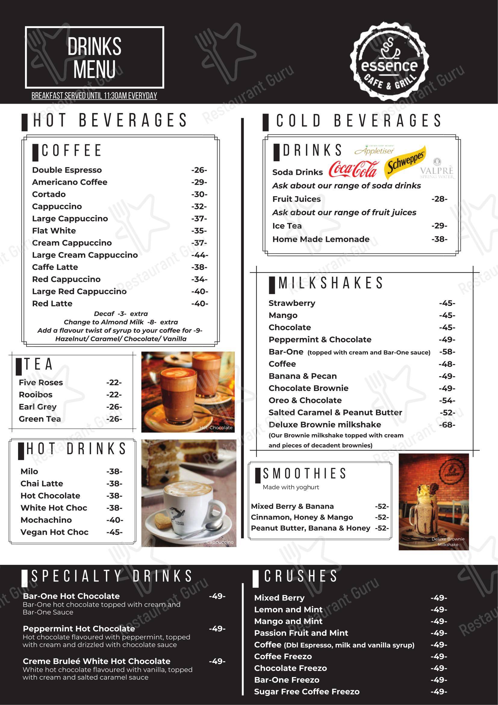 Menu at Essence. restaurant, Pietermaritzburg