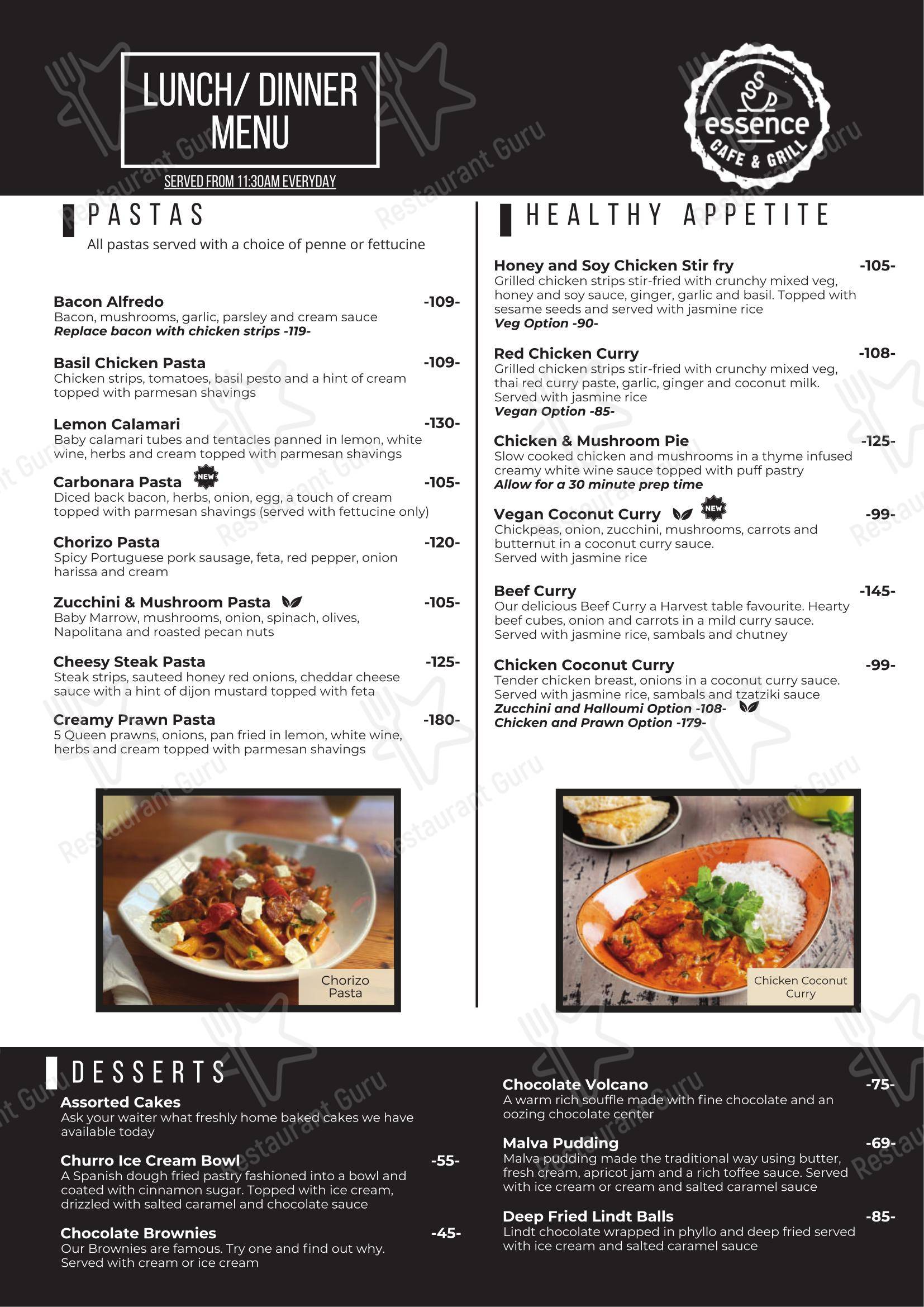 Menu at Essence. restaurant, Pietermaritzburg