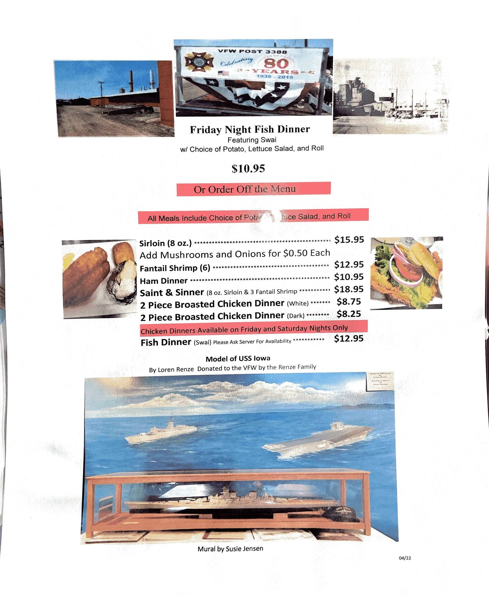 Menu at VFW Club Post 3388, Estherville