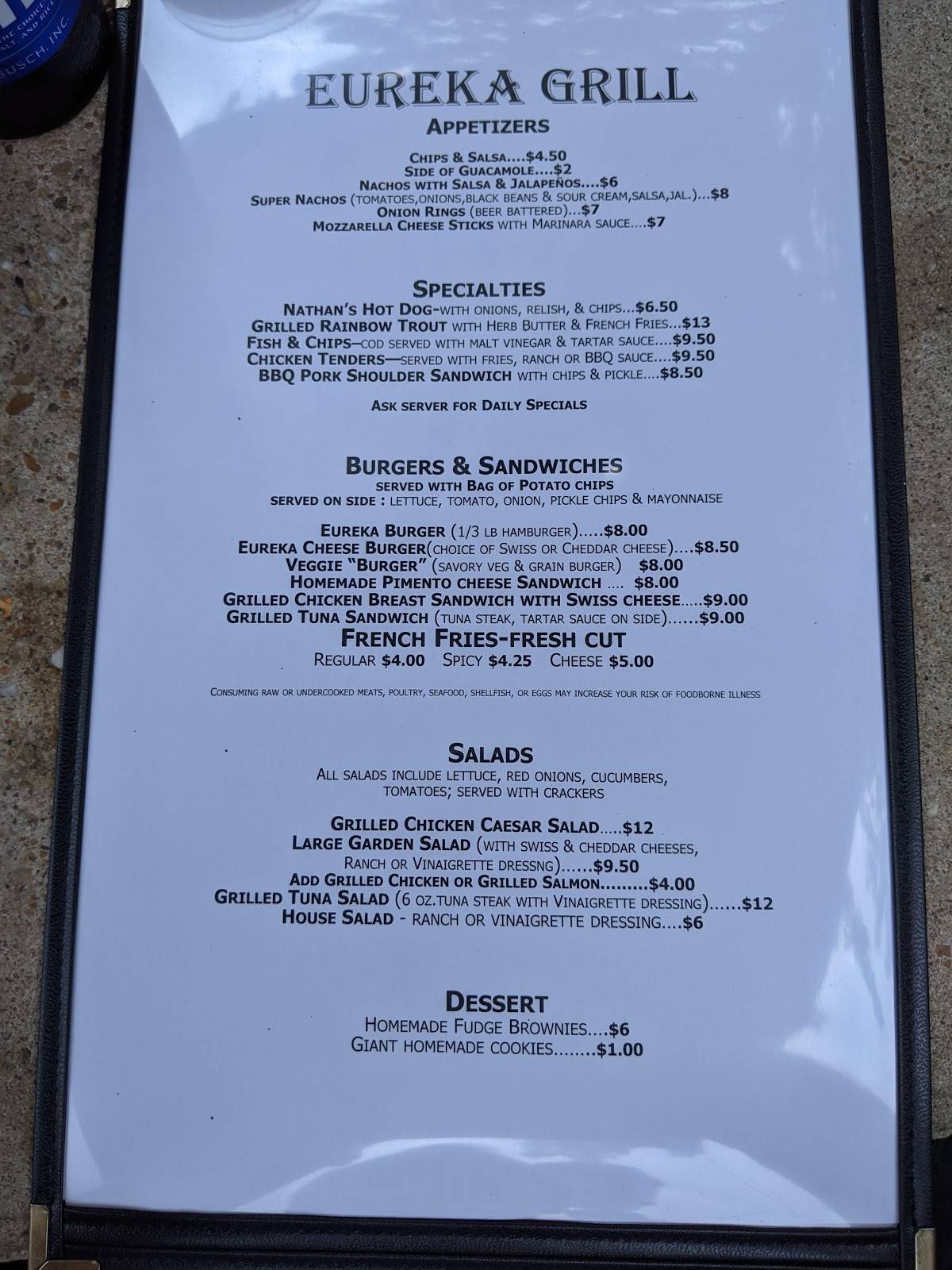 Menu at Eureka Grill restaurant, Eureka Springs, 71 Spring St