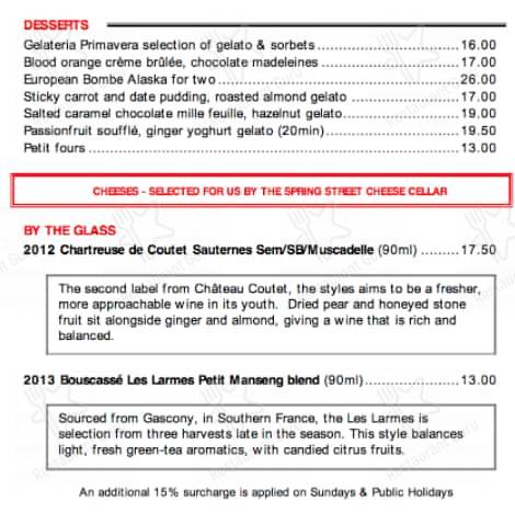 Menu at The European restaurant, Melbourne
