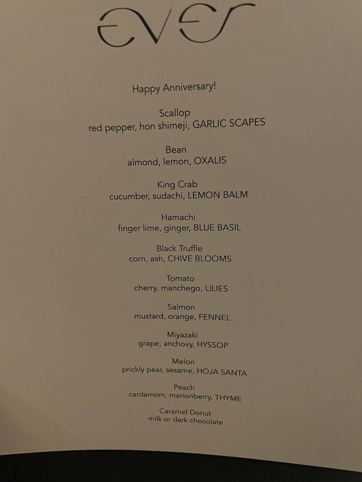 Menu at Ever Restaurant, Chicago