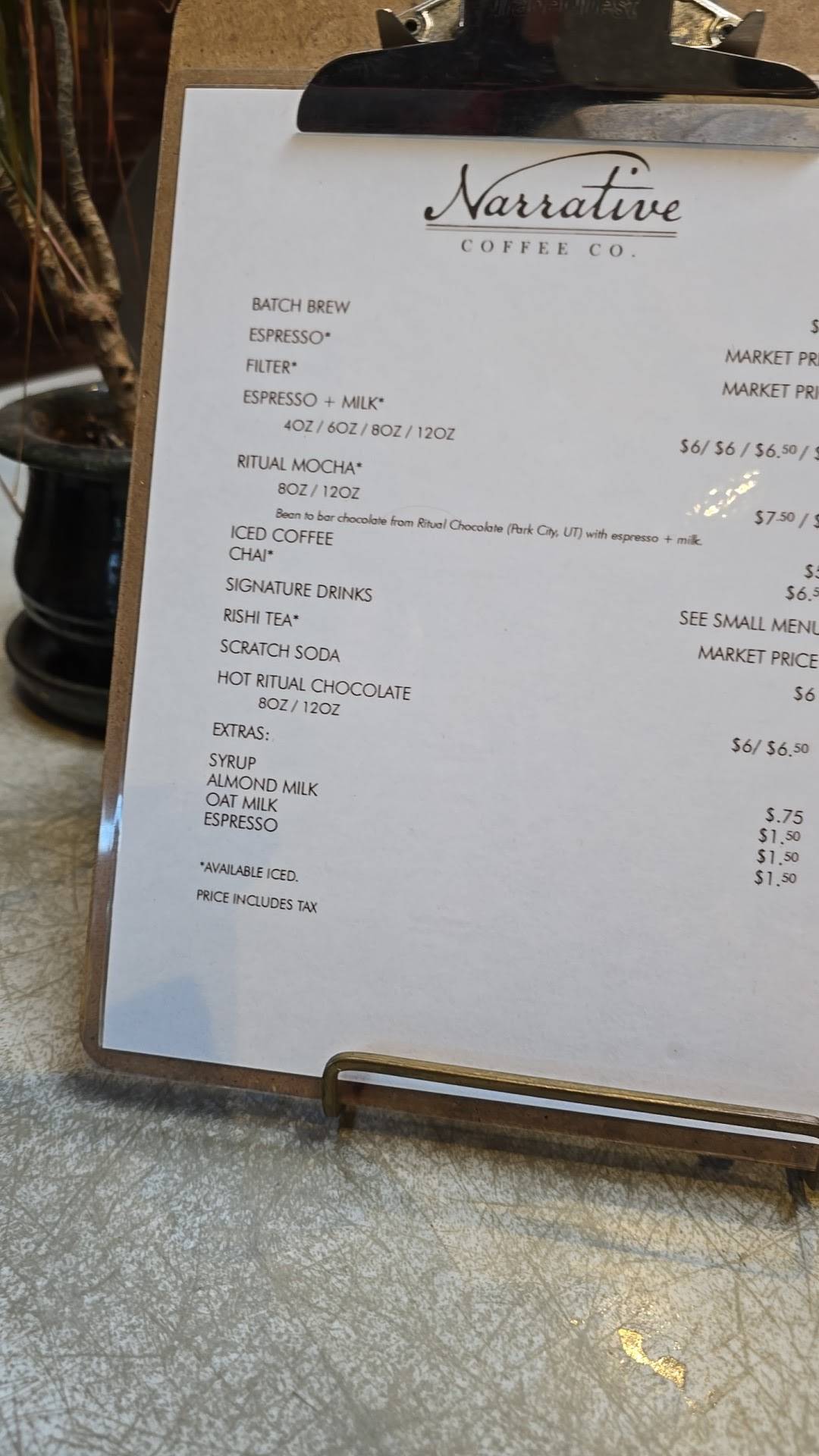 Menu at Narrative Coffee cafe, Everett