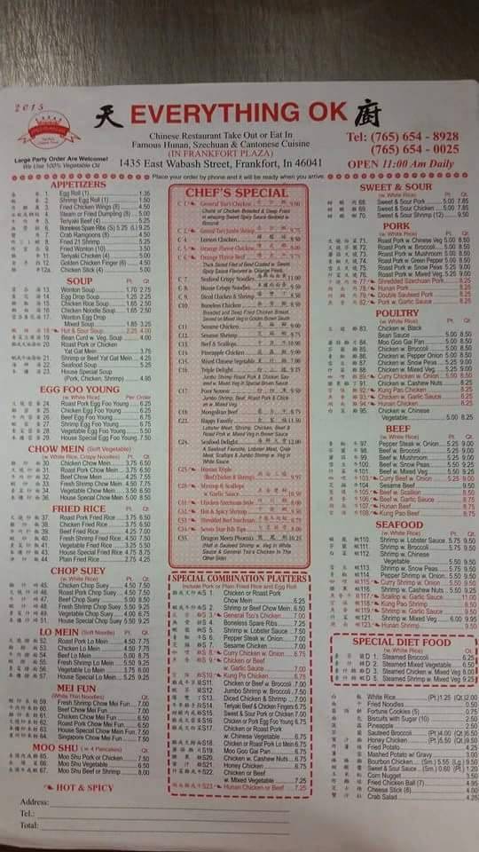 Menu at Everything OK restaurant, Frankfort