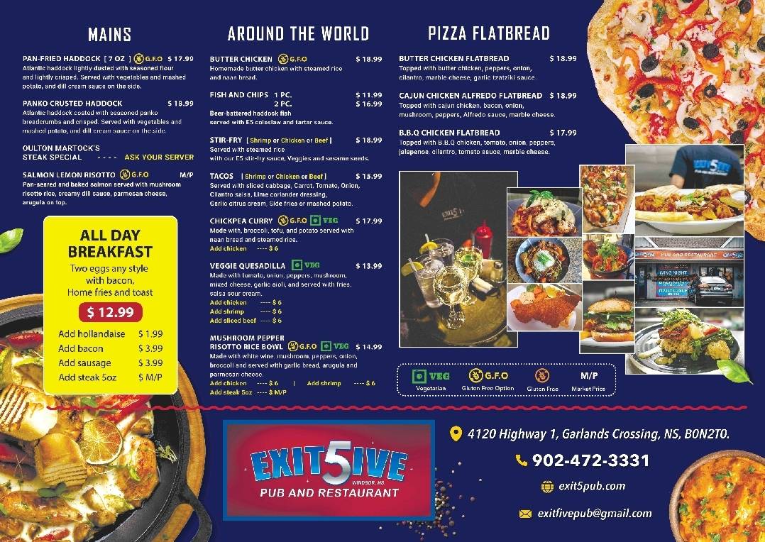Menu at Exit 5ive Pub & Restaurant, Windsor