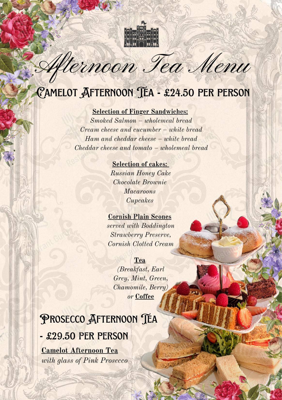 Menu at Explorers Tea Room & Coffee House at Camelot Castle, Tintagel