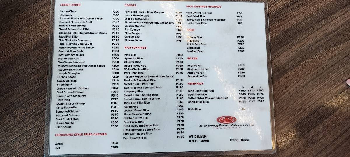 Menu at FOONG LAN GARDEN restaurant, Philippines