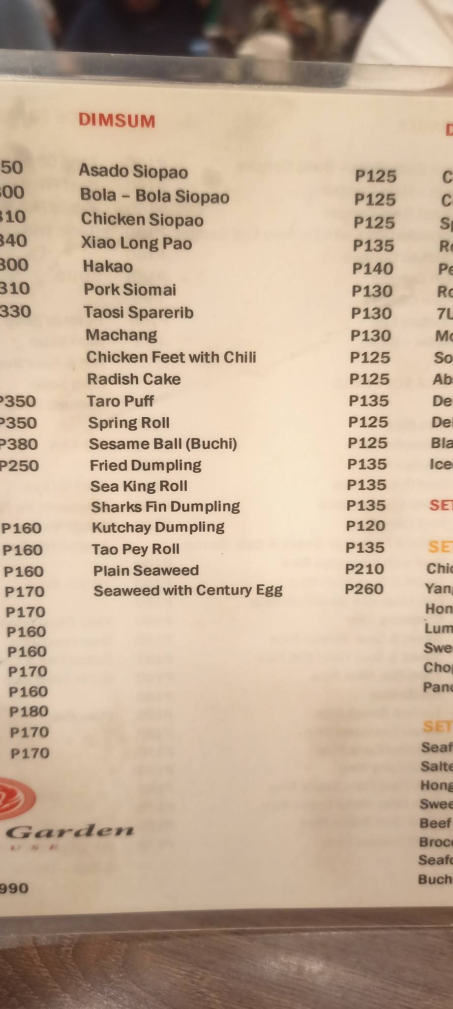 Menu at FOONG LAN GARDEN restaurant, Philippines