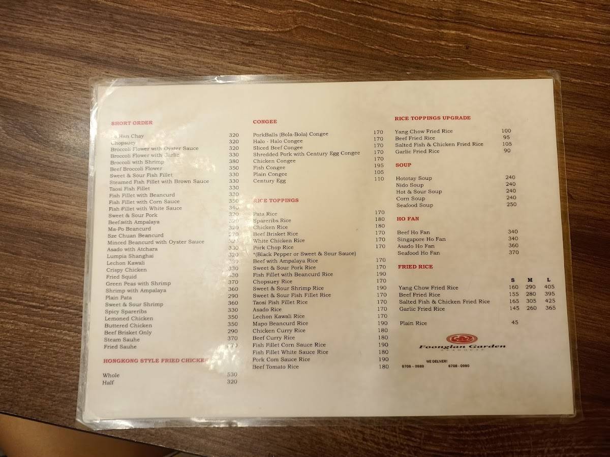 Menu at Foonglan Garden Teahouse restaurant, Philippines
