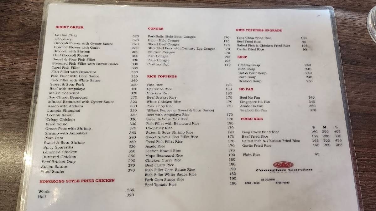 Menu at FOONG LAN GARDEN restaurant, Philippines