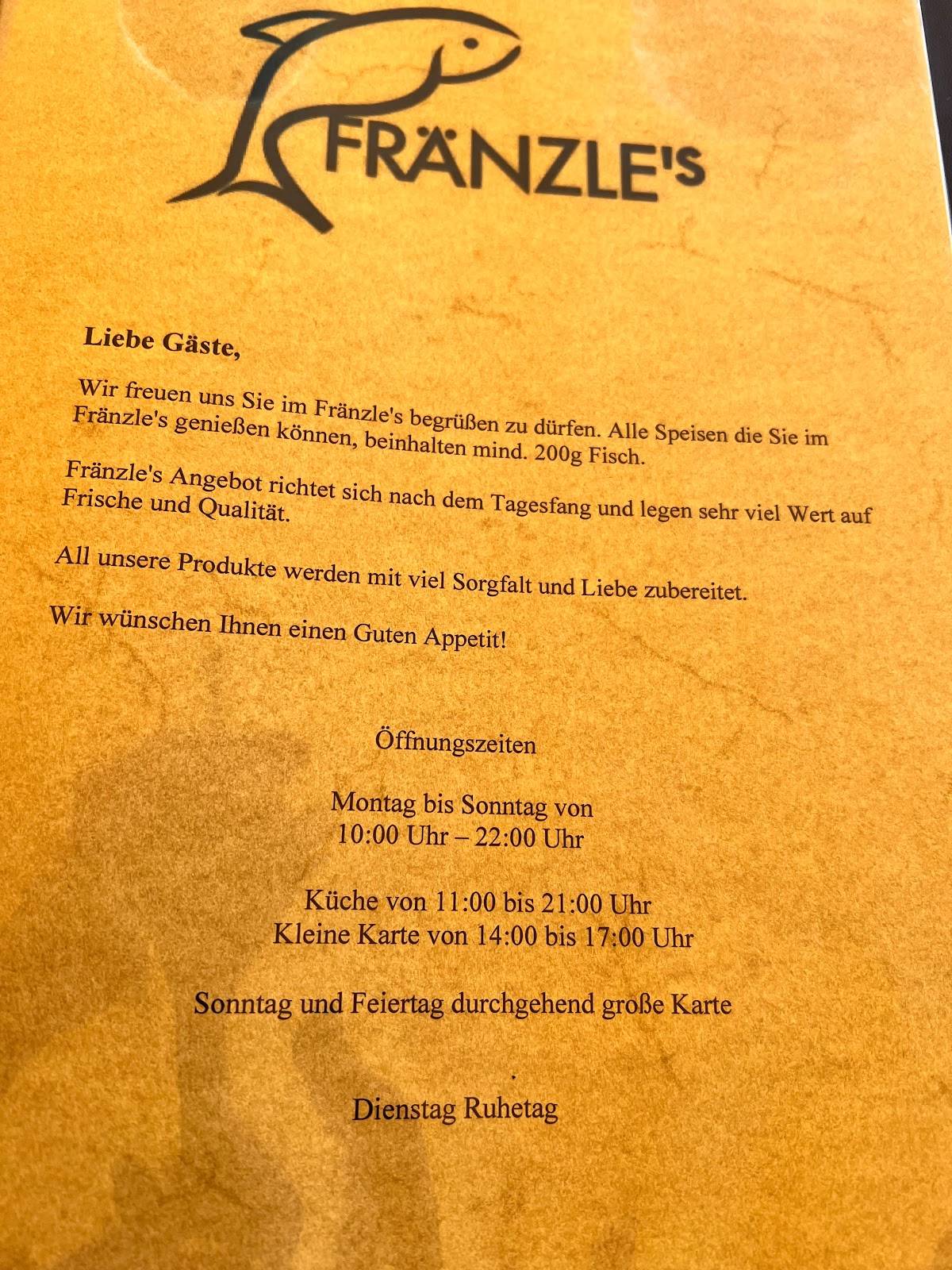 Speisekarte von FRÄNZLE's restaurant, Hard, In der Schanz 40