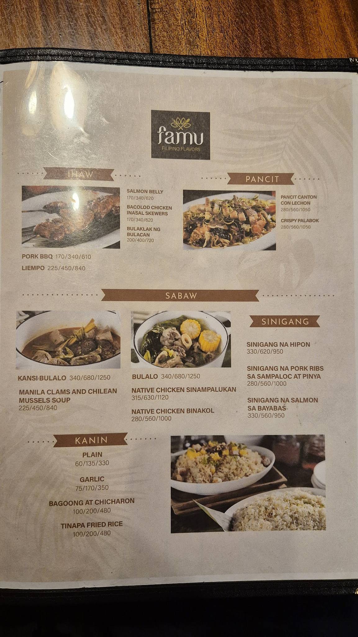 Menu at Famu Filipino Farm to Table restaurant, Silang