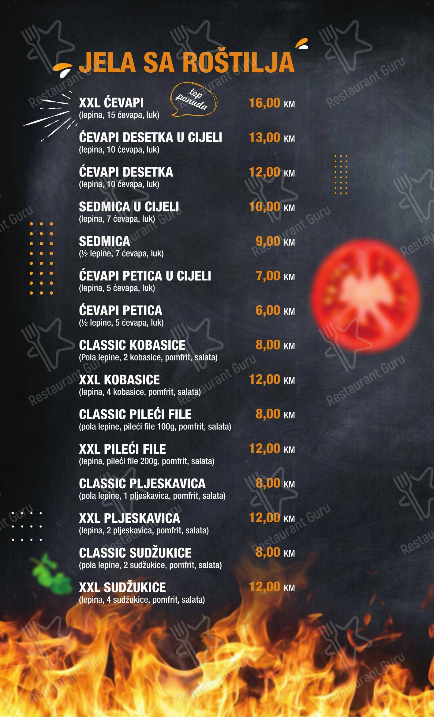 Menu au Fast Food KING 3, Sarajevo