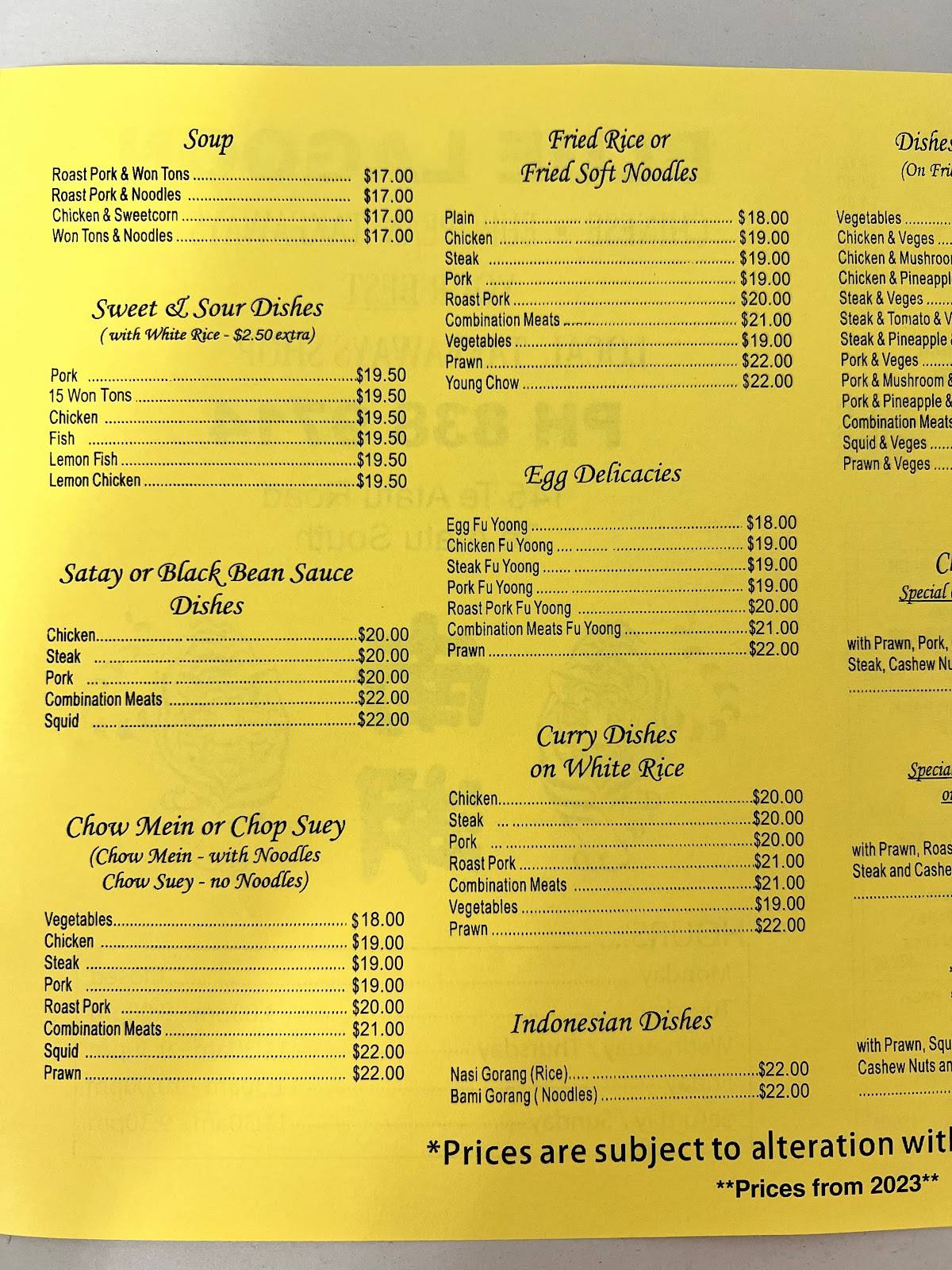 Menu at Blue Lagoon Takeaways fast food, Auckland
