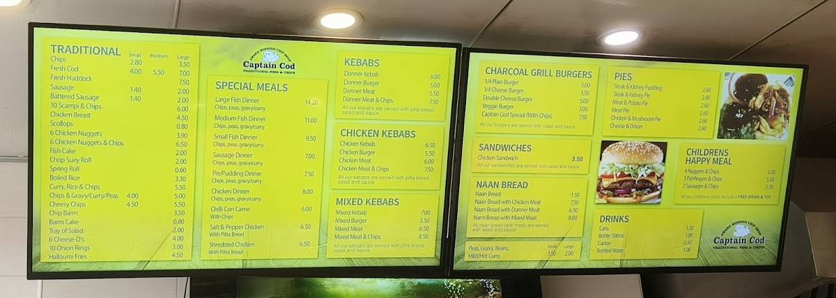 Menu at Captain Cod fast food, Salford, 189 Eccles Old Rd