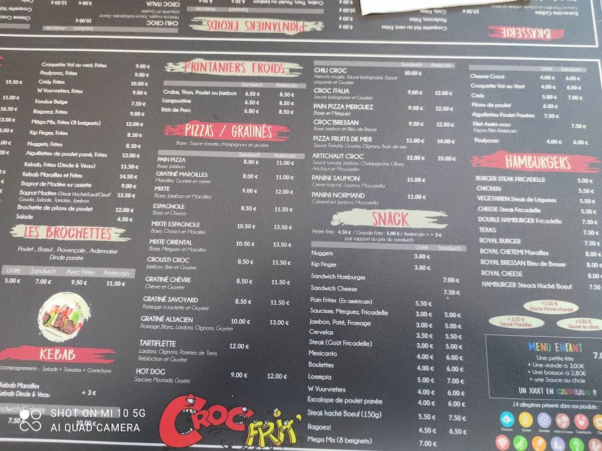 Menu au Croc'Frit fast food, Douchy-les-Mines