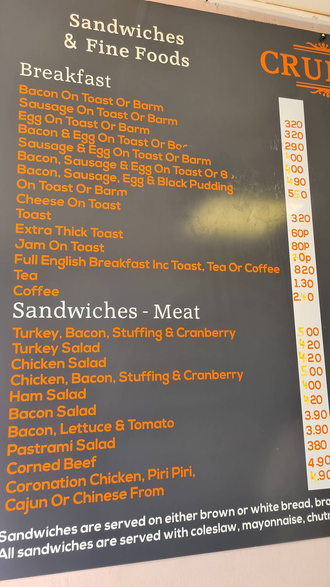 Menu at Crumbs fast food, Liverpool