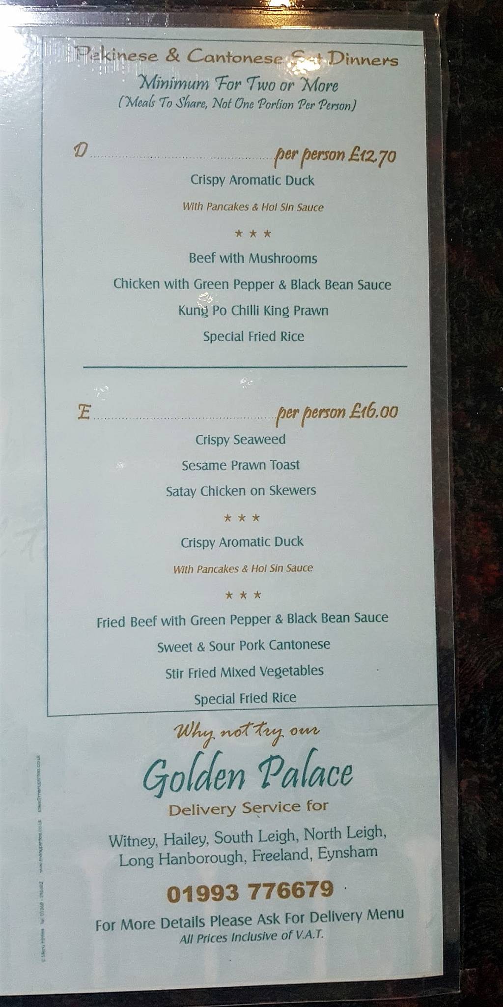 Menu at Golden Palace Chinese Take Away fast food, Witney, The ...