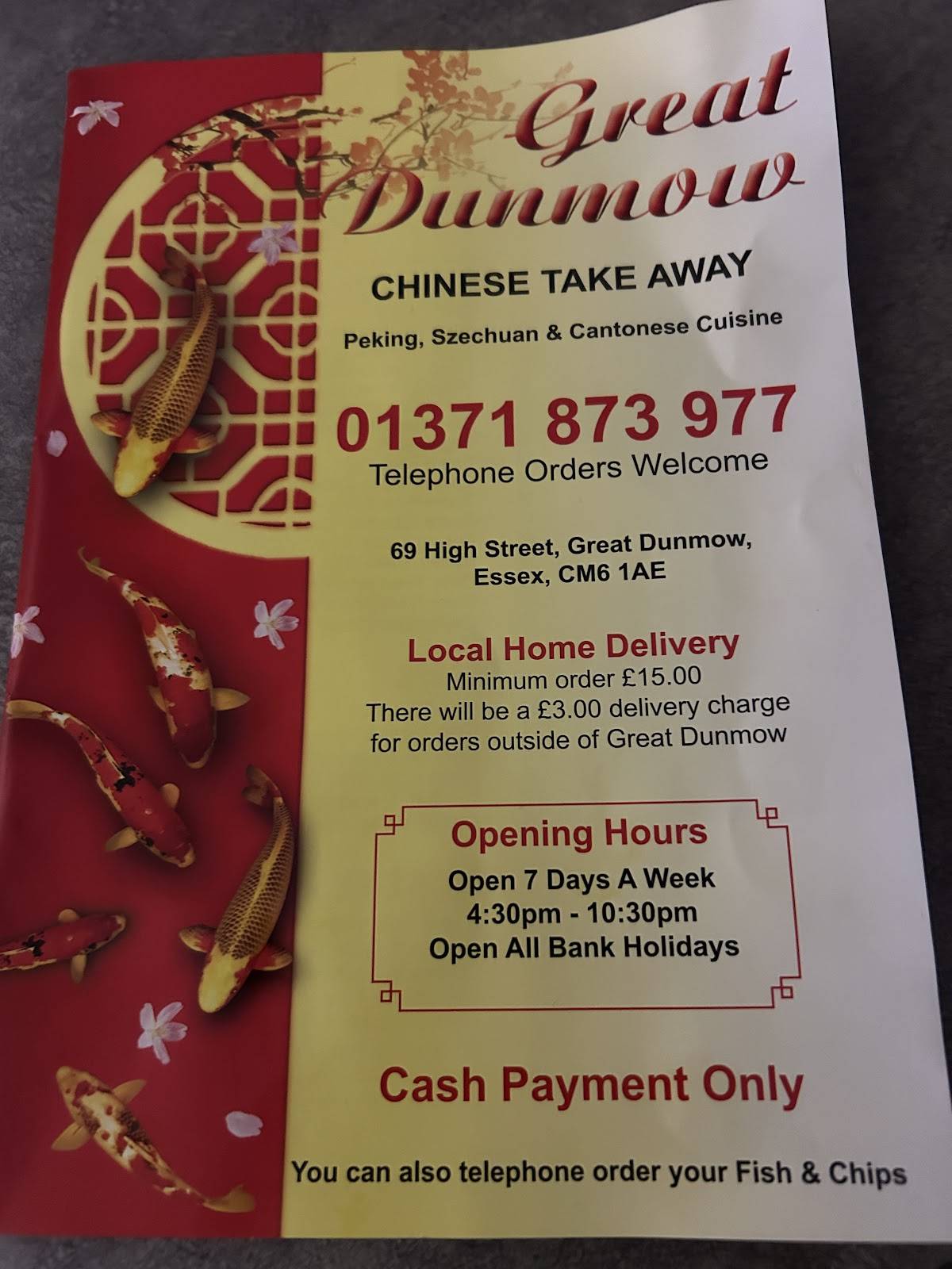 Menu at Great Dunmow Chinese Takeaway fast food, Great Dunmow