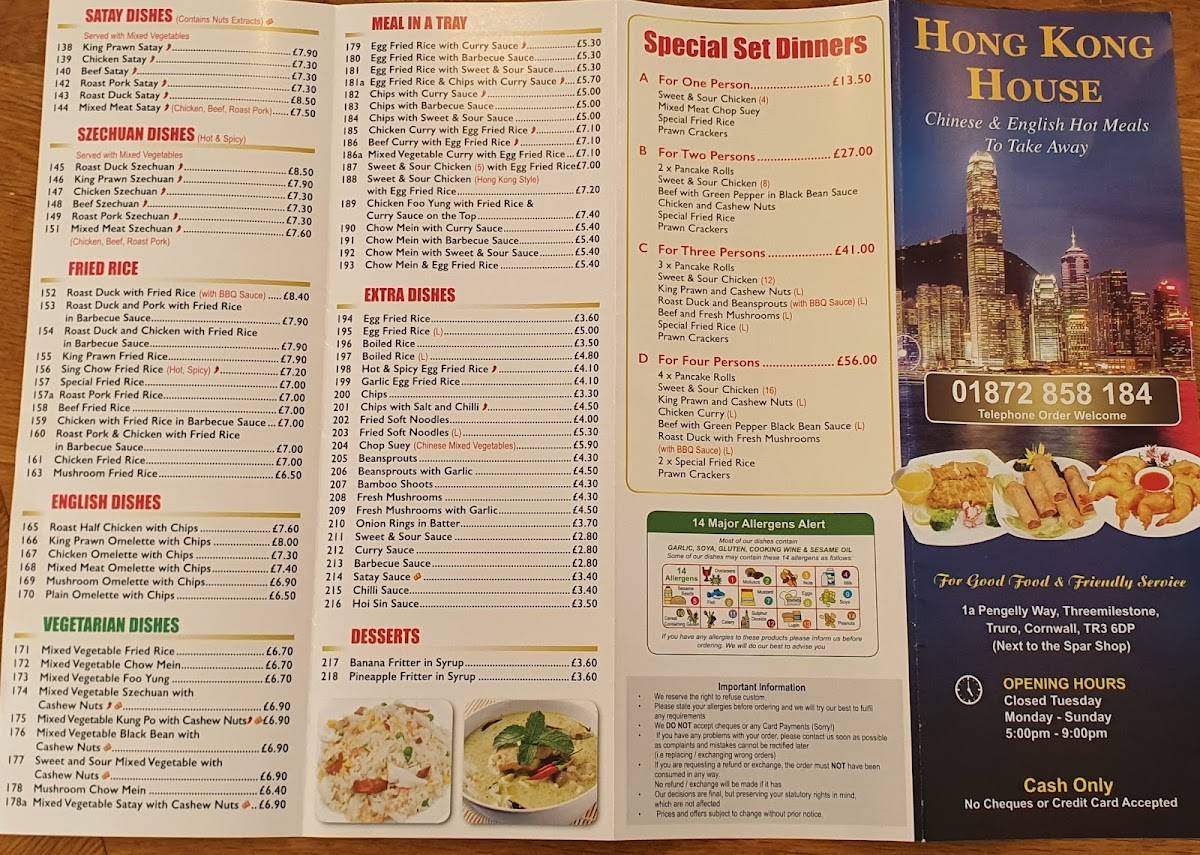 Menu at Hong Kong House Chinese fast food, Truro