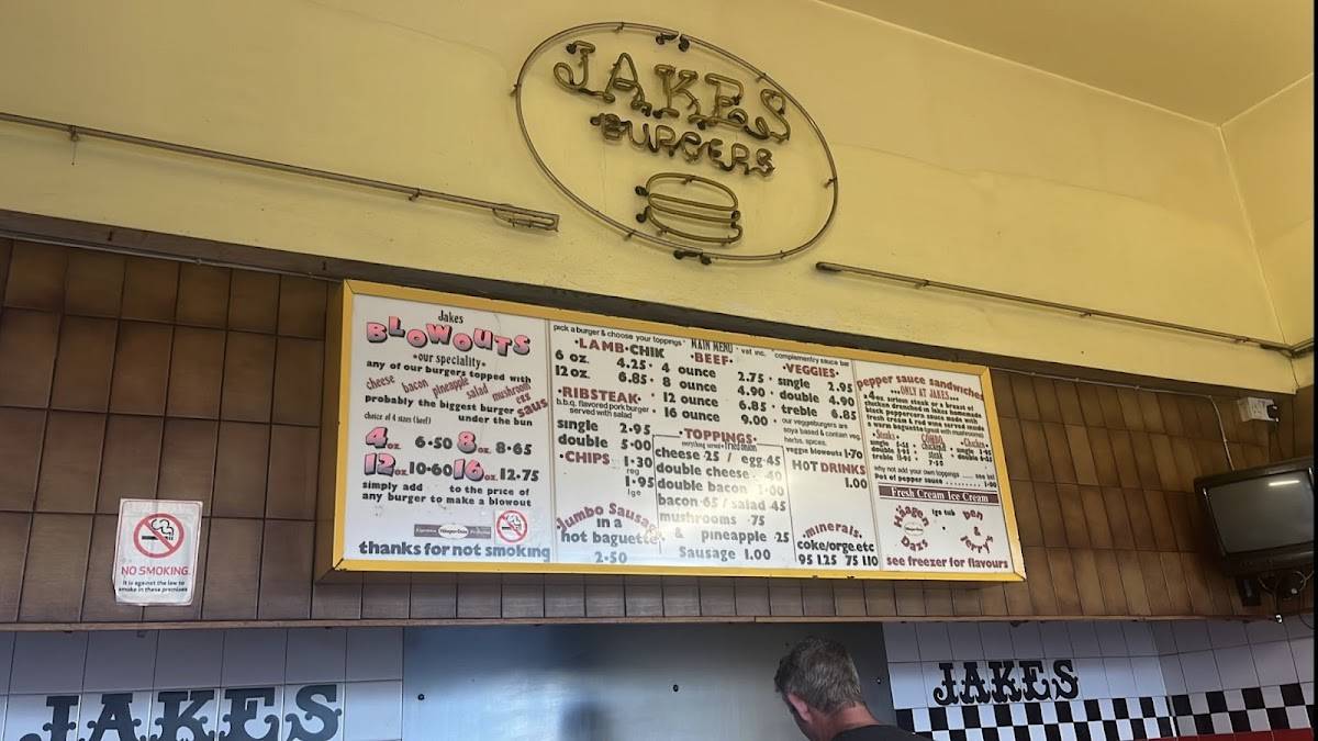 Menu at Jakes Hamburgers fast food, Ilford