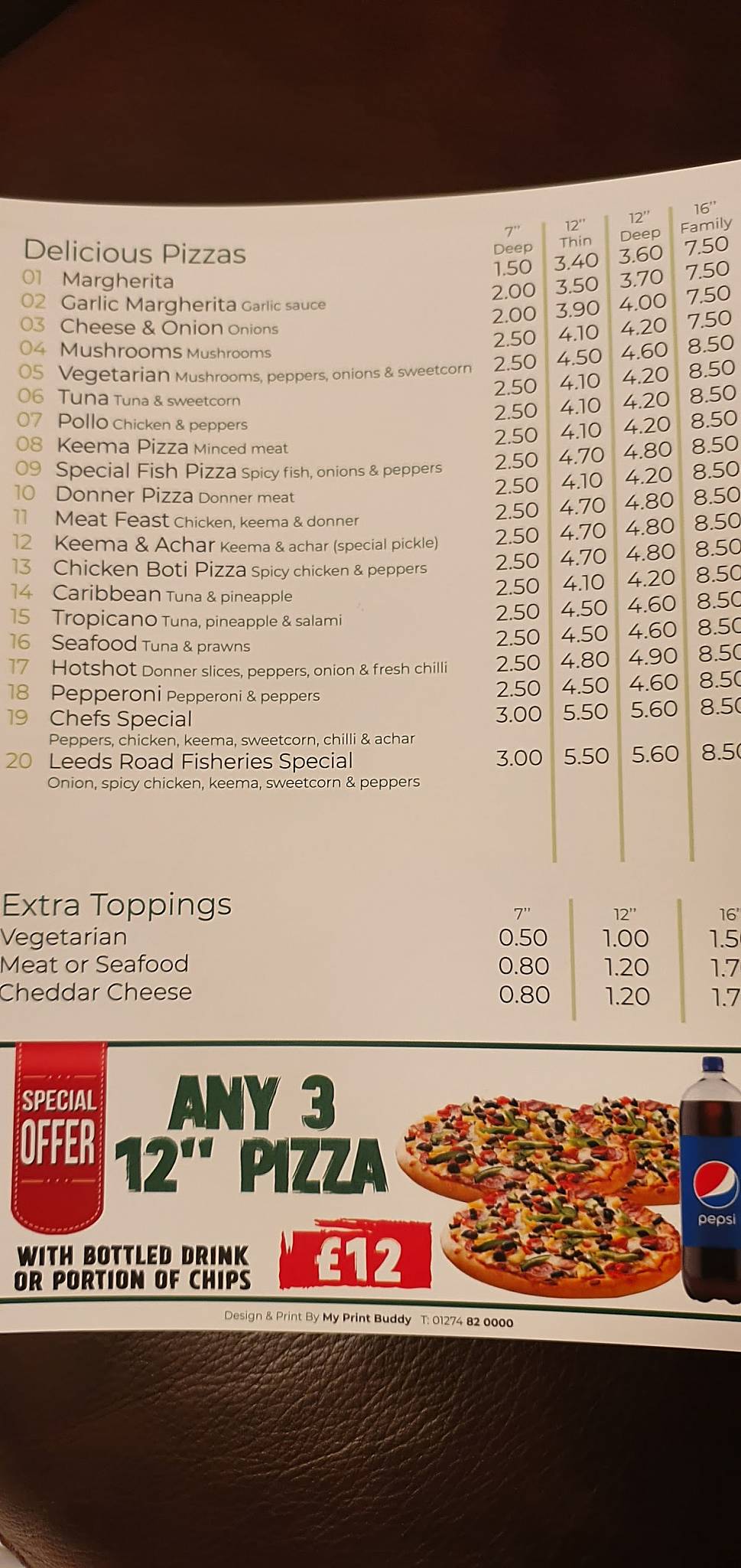 Menu at Leeds Road Fisheries fast food, Bradford, 802-804 Leeds Rd