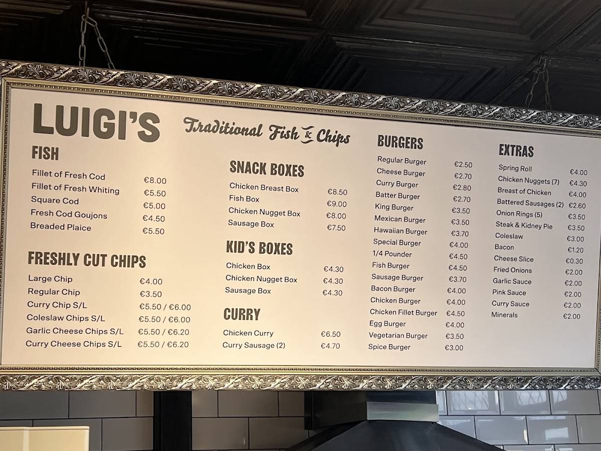 Menu at Luigi's Traditional Fish and Chips fast food, Limerick
