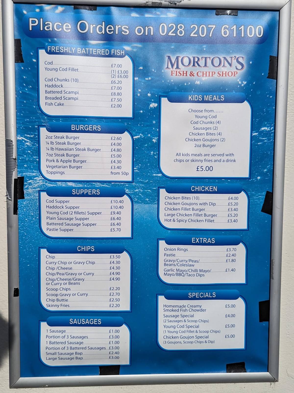 Menu at Morton's fast food, Ballycastle