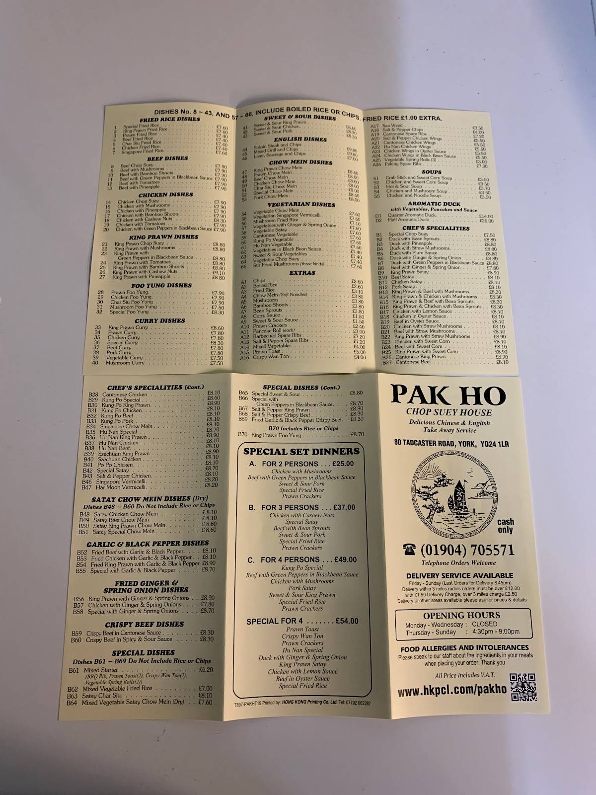 Menu at Pak Ho Chop Suey fast food, York